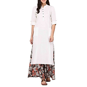 Women's Pure Cotton Plain Tunic Top 3/4 Sleeves Roll-UP Button Neck with Pocket Long Kurti Kurta White