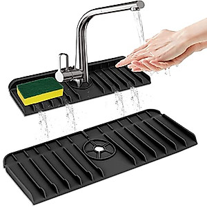 Silicone Sink Faucet Splash Catcher (14.5x5.5in., Black) | Kitchen or Bathroom mat Tray | Drip Catcher | Quick Drying Countertop Protectors | Small and Large Splatter Mats | Easy Water Drainage