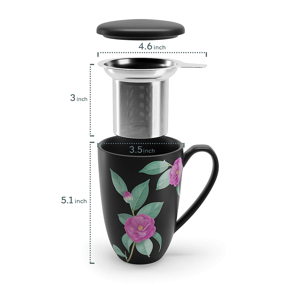 immaculife Tea Cup with Infuser and Lid Ceramic Tea Mug with Lid Teaware with Filter 16oz, Black Floral Print
