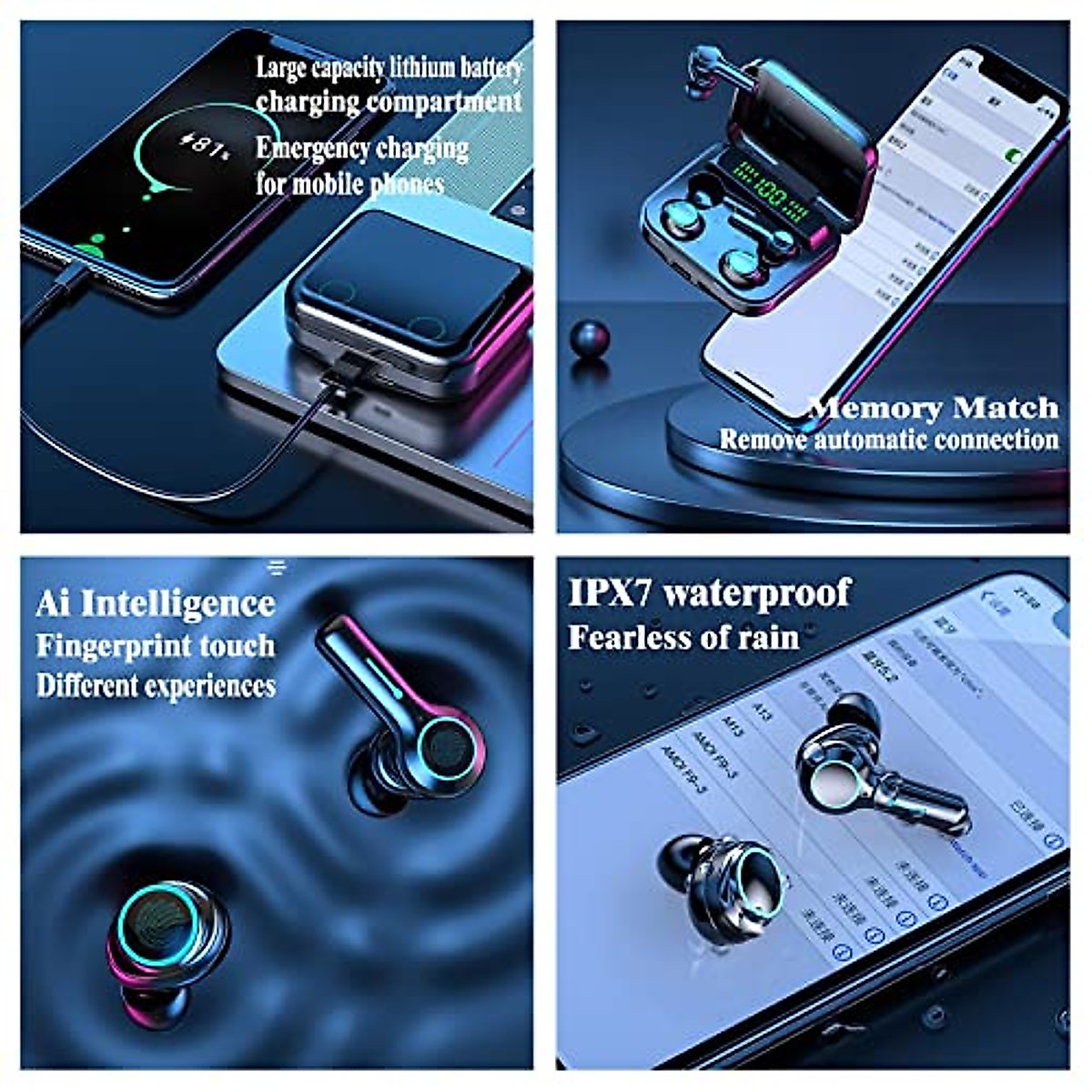 Wireless Earbuds High Capacity Charging Cabin Noise Cancelling Mic Bluetooth Headphones Fingerprint Touch Led Display Waterproof in Ear Earplugs,Headsets for Apple、 Android、iPad&Samsung (4,Black)