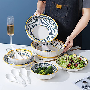 Binvertaocier Ceramic 10-Piece 56 Oz Large Soup Bowls and Spoons Set, 9 Inch Large Serving for Kitchen Pasta, Ramen, Pho Bowls and Soup Spoons Set,Dishwasher & Microwave Safe