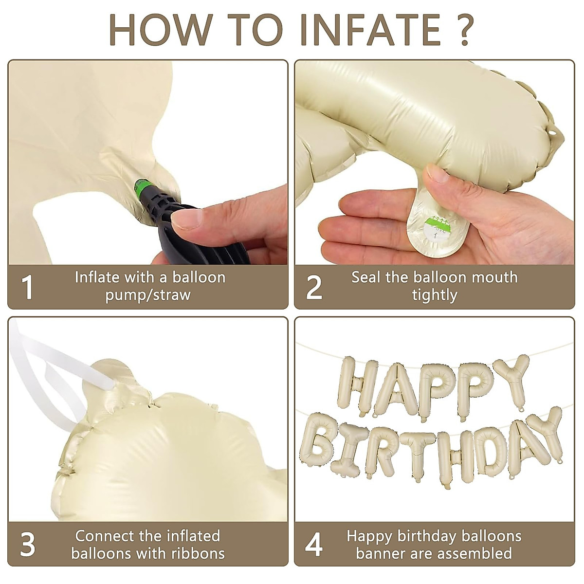 Beige Happy Birthday Balloons Banner 16 Inch Mylar Foil Letters | Inflatable Party Decor and Event Decorations for Kids and Adults | Reusable, Ecofriendly Fun