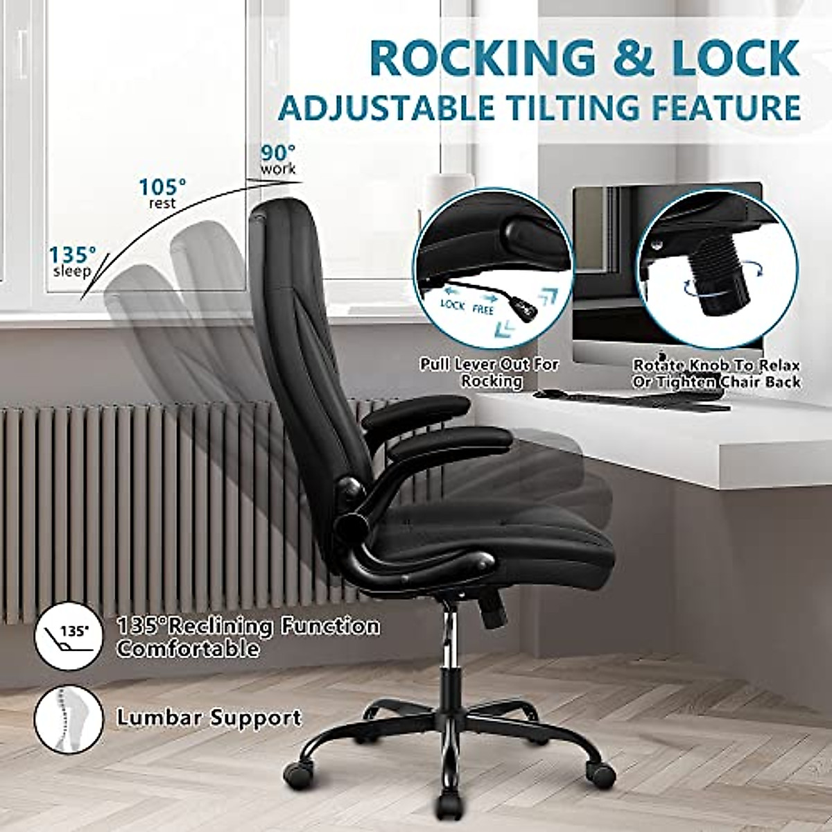 Guessky Office Chair, Executive Office Chair Big and Tall Office Chair Ergonomic Leather Chair with Adjustable Flip-Up Arms High Back Home Office Desk Chairs Computer Chair with Lumbar Support (Black)