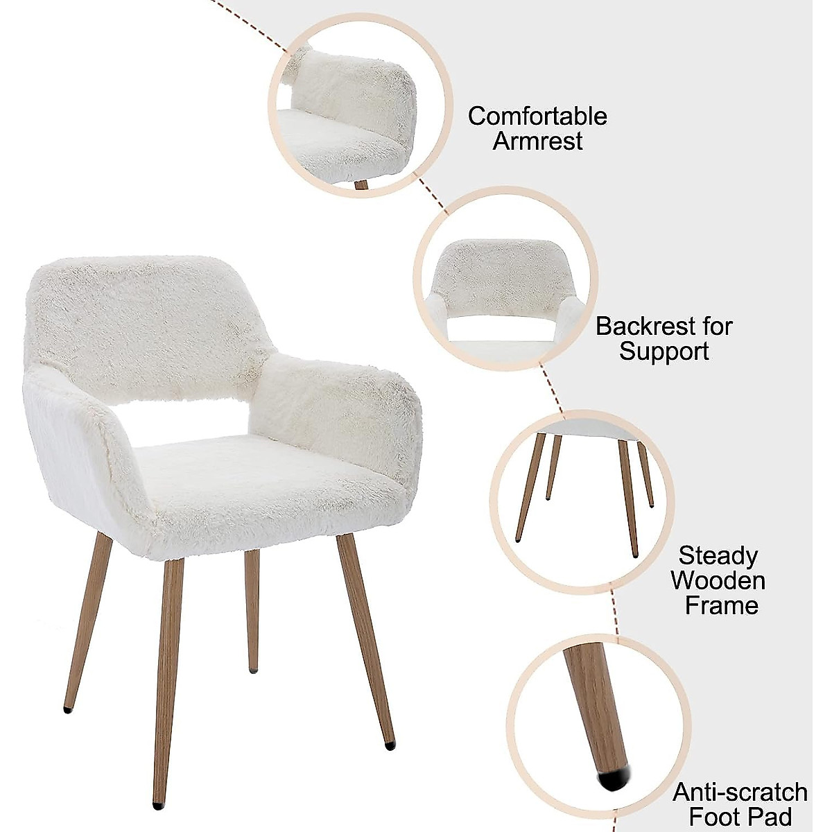 Modern Faux Fur Home Office Chair, Fluffy Chair Makeup Vanity Chair for Girl Teen Girls, Desk Chair with Armrest, Dining Chair Cute Armchair with Wood Finish Metal Legs, White