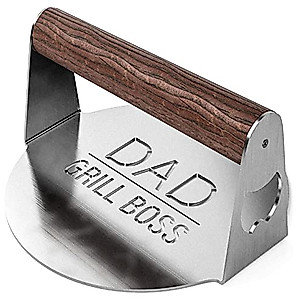 GALVANOX BBQ Press Grilling Gift for DAD The Grill Boss - Stainless Steel Smash Burger Press for Hamburger/Bacon with Wood Handle & Beer Opener (for Christmas, Birthday, Fathers Day)