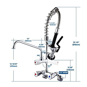 MS 4-8 Inch Adjustable Center Wall Mount 25'' Height Commercial Kitchen Sink Faucet Brass Mini Pre Rinse Unit with Spray Valve and 12 inch Add on Spout (6814P)