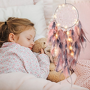 KHOYIME LED Dream Catcher Light Up Handmade Feather Dreamcatchers Boho Wall Hanging for Girls Kids Bedroom Bohemian Home Decor Wedding Ornament Craft Gift (Pink&Grey)