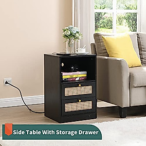 Yoobure Black Nightstand with Charging Station, Bed Side Table/Night Stand with Drawers, Modern Nightstands with USB Ports & Outlets for Bedroom, Living Room, Home Office