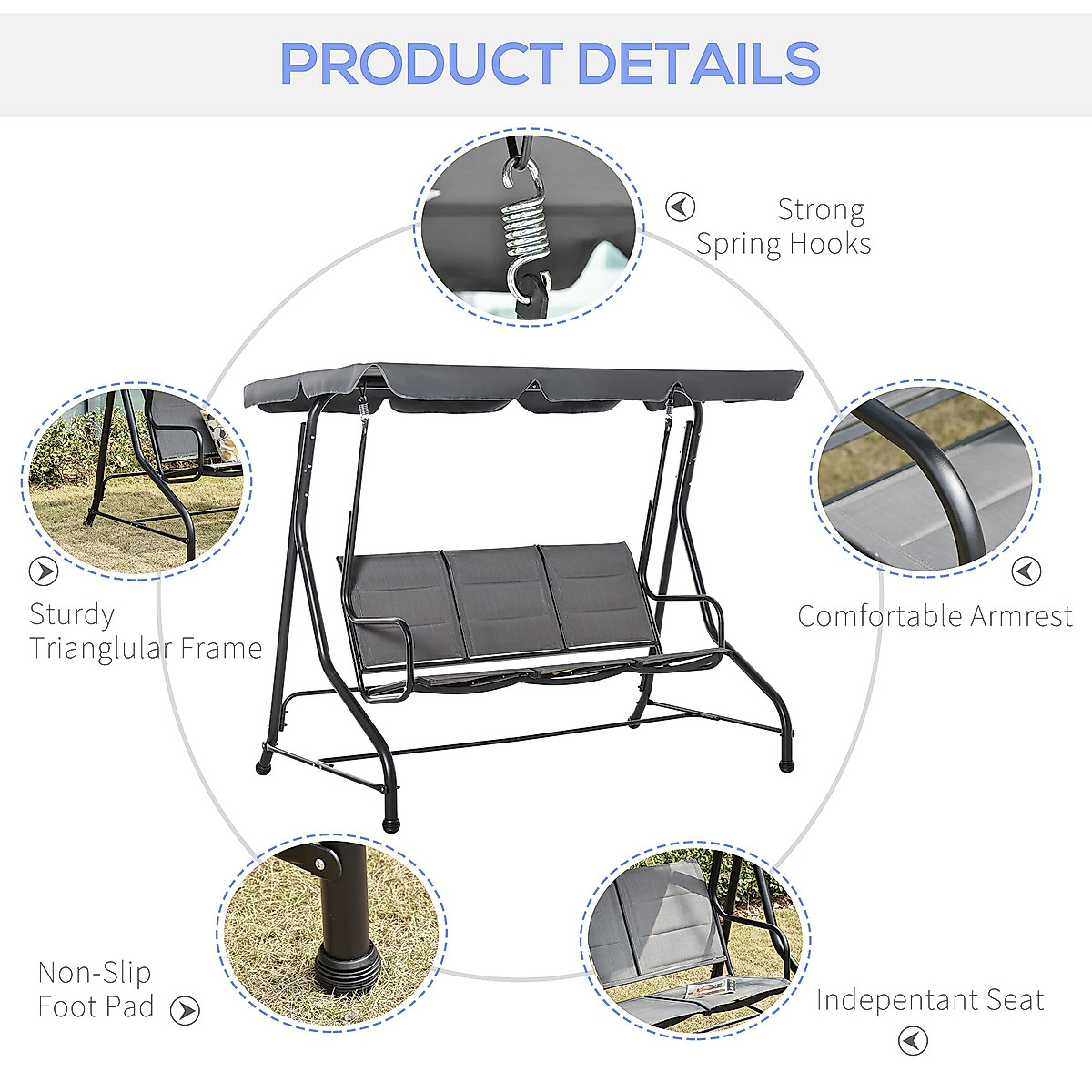 Outsunny 3-Seater Porch Swing Chair, Outdoor Swing Glider with Adjustable Canopy, Padded Breathable Seat, for Garden, Poolside, Backyard, Deck