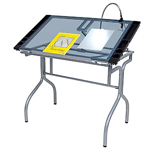 Studio Designs Folding Modern Glass Top Adjustable Drafting Table Craft Table Drawing Desk Hobby Table Writing Desk Studio Desk, 35.25" W x 23.75" D, Silver / Blue Glass