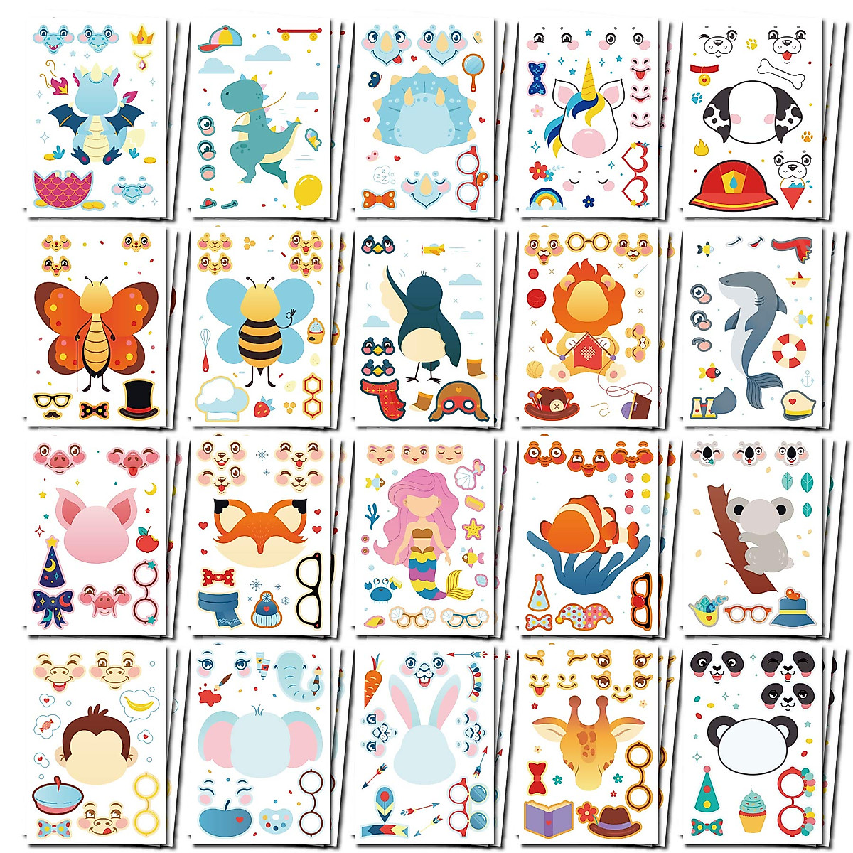 Gooji DIY Make Your Own Stickers for Kids, 60 Sheets Over 1,200 Stickers, 20 Funny Characters and Animals, Customizable Faces with Accessories, Reusable for Party Favors or Arts and Crafts Projects