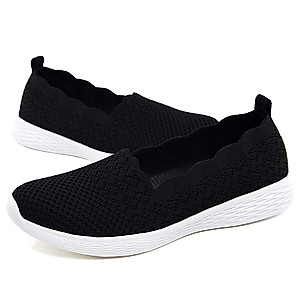 Puxowe Women's Slip on Wide Walking Flat Shoes-Comfortable Low-Top Knit Width Loafer Sneaker Black Size 9 US