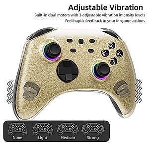 Mytrix Gold Wireless Switch Controller Compatible with Nintendo Switch/OLED/Lite Steam Deck, Pro Controller with Turbo, Motion, Vibration, Wake-Up, Headphone Jack and Dynamic Joystick RGB Lighting