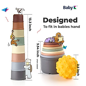 BABY K Baby Stacking Cups Toy (9 Pieces) - Silicone Stacking Cups for Babies 6-12 Months - Nesting Cups Baby Toy with Sensory Baby Ball Toy and Growth Journal - Stackable Cups for Baby Motor Skills