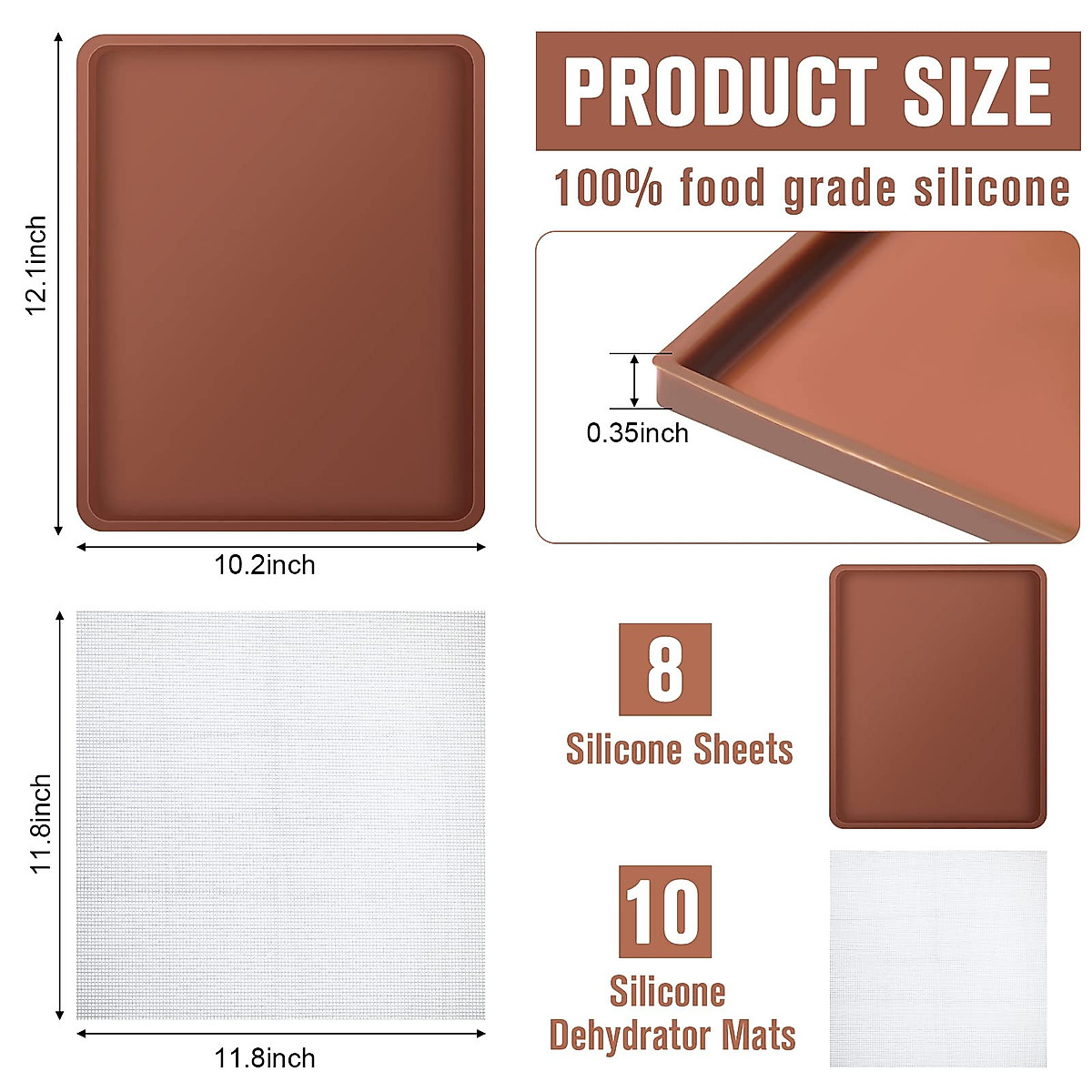 8 Pcs Silicone Dehydrator Mats 10 Pcs Mesh Screen Dehydrator Sheets Nonstick Reusable Fruit Dryer Trays for Jerky Fruit Herbs Flax Crackers Crust Tray