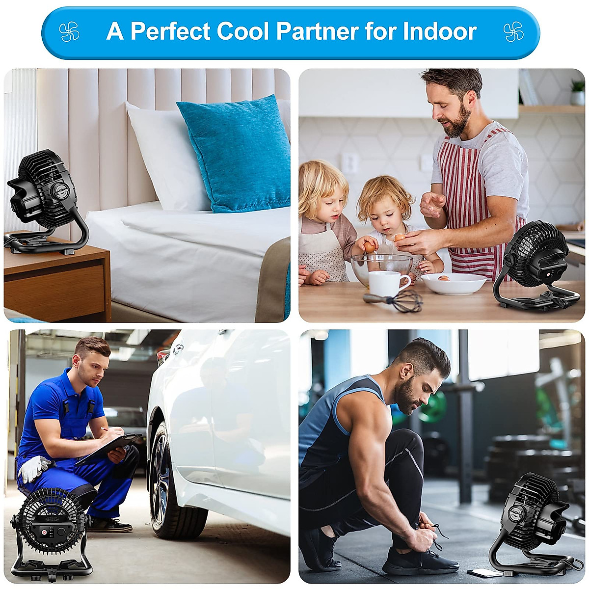 VCOLBON Small Rechargeable Portable Camping Fan, 360° Adjustable Outdoor Battery Operated Cordless Table Fan, 8-Inch 12 LED Stepless Speeds Quiet Bedroom Desk Fans for Home Office Travel Tent, Black