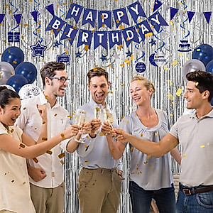 Blue Birthday Decorations for Men, Birthday Party Decorations for Men Women Boys Grils with Bunting Banner, Fringe Curtains, Hanging Swirl, Tablecloth happy birthday decorations Party Decor Suit