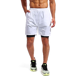 Pudolla Men’s 2 in 1 Running Shorts 7" Quick Dry Gym Athletic Workout Shorts for Men with Phone Pockets(White Medium)