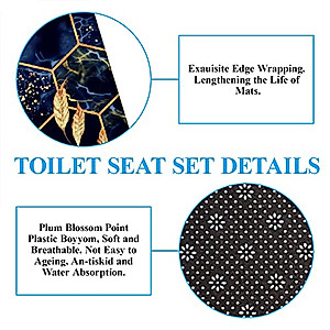 4Pcs Blue Marble Shower Curtain Sets, Leaves Grid Honeycomb Irregular Plaid Geometric Bathroom Decor, Rug Toilet Lid Cover and Non-Slip U Shape Mat, Waterproof Shower Curtain with 12 Hook, 72 x 72