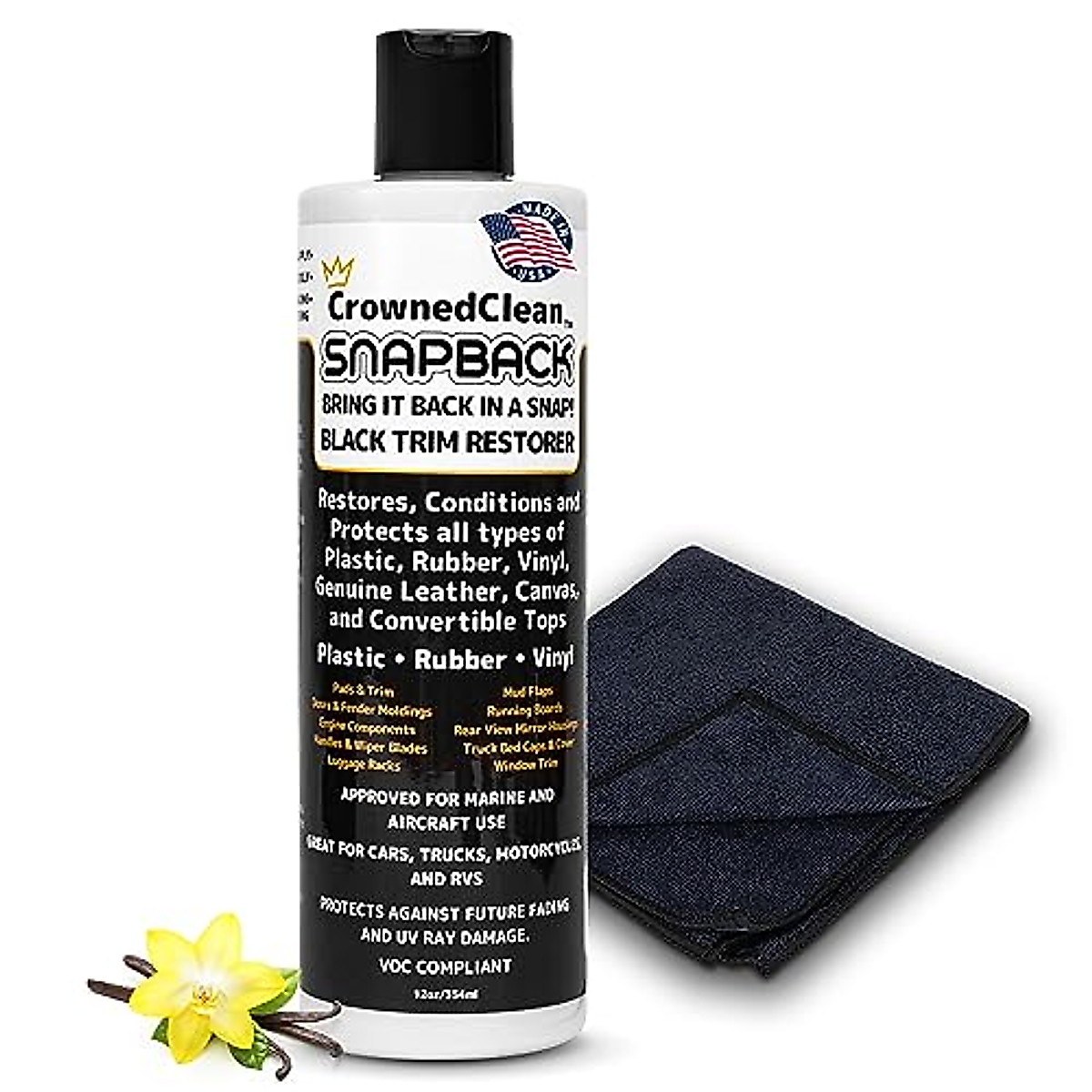 Black Plastic Vinyl Trim Restorer Protective Finish Long Lasting Car & Truck Polish Refreshing Agent for Various Surfaces UV Blocking Restoring Solution – 12 Ounces - Premium Microfiber Cloth Included