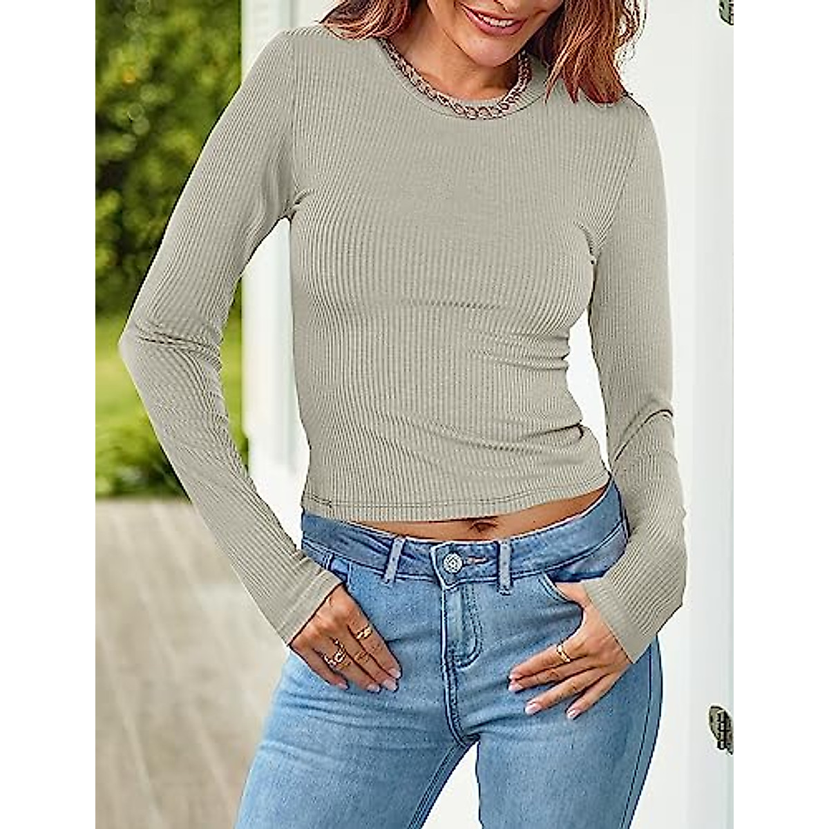 MEROKEETY Women Long Sleeve Slim Fit Crop Shirt Ribbed Knit Tops Casual Round Neck Y2K Tees Grey Small