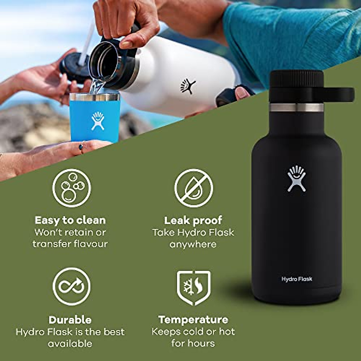 Hydro Flask Insulated Stainless Steel Wide Mouth Water Bottle and Beer Growler, 64-Ounce, Black