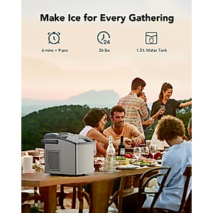 BEBISUNY Ice Makers Countertop - Ice Maker Machine 6 Mins 9 Bullet Ice, 26 Lbs/24 Hrs, Portable Countertop Ice Maker with Self Cleaning Function, Ice Maker for Home/Kitchen/Party, Stainless Steel