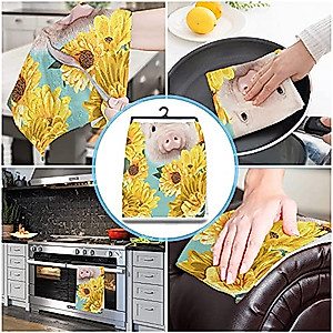 Farm Cute Pig Kitchen Towels Dish Cloth Towel Absorbent Hand Towel Cleaning Cloth,Idyllic Chrysanthemum Flower Dishcloth Quick Drying for Dishes Counter 2 Pack