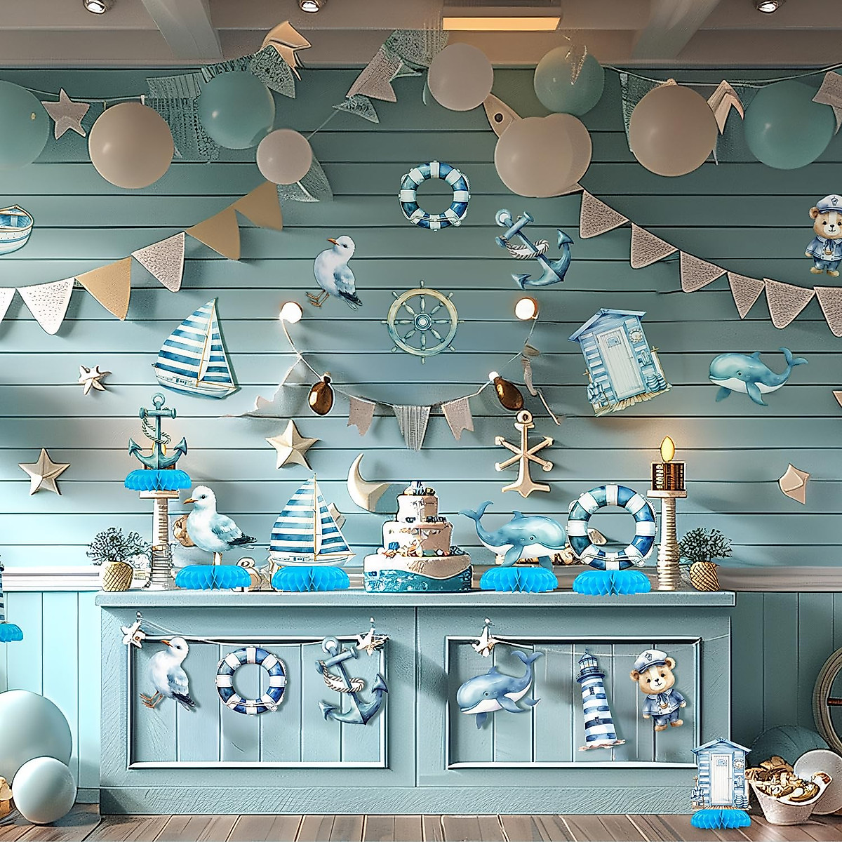 Celee 9 Pack Nautical Party Honeycomb Centerpieces for Kids' Nautical Birthday Decorations and Baby Shower Supplies - Cute Nautical Table Toppers for Nautical Theme Party