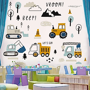 Mulaibdin 37 pcs Cartoon Bulldozer Digger Wall Stickers, Adorable Baby Boys Room Decor, Hand-Painted Style Crane Truck Wall Decals for Bedroom Nursery, Construction Wall Murals Peel and Stick (37PCS)