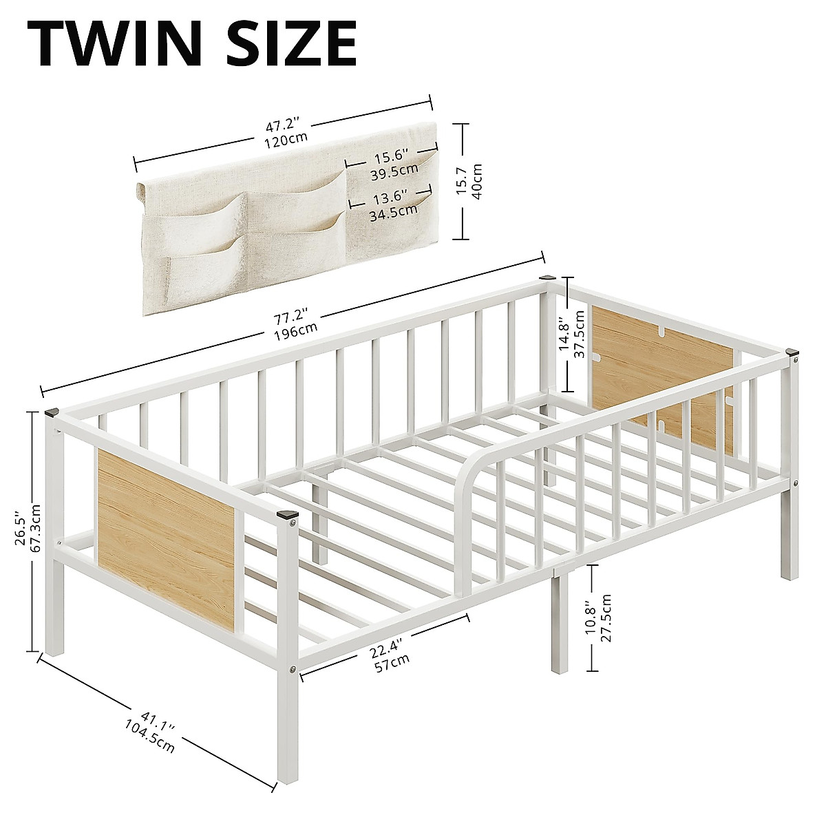 LIKIMIO Twin Bed Frame with Bedside Caddy and Guardrail, Durable Metal Platform Bed, Noise-Free No Box Spring Needed, White