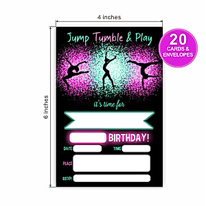 Jump Tumble & Play Birthday Invitations, Neon Pink Foil Gymnastic Birthday Party Invites Decorations, Birthday Party And Events Supplies, 20 Fill-In Invites Cards With Matching Envelopes（YQK-B03）