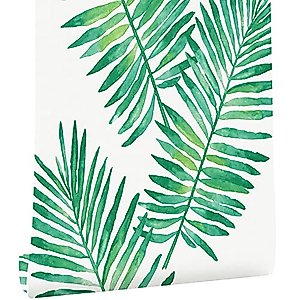 HOYOYO Tropical Shrub Leaves Self-Adhesive Liner Paper, White, greens Tropical Shrub Leaves Removable Peel and Stick Dresser Cabinets Furniture Table Desk Home Decor 17.8 x 118 inch