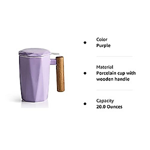 SWEEJAR Porcelain Tea Mug with Infuser and Lid, Wooden Handle, 17 Ounce, Geometric Shape Tea Cup for Steeping, Tea Lover, Gift, Home, Office (Purple)