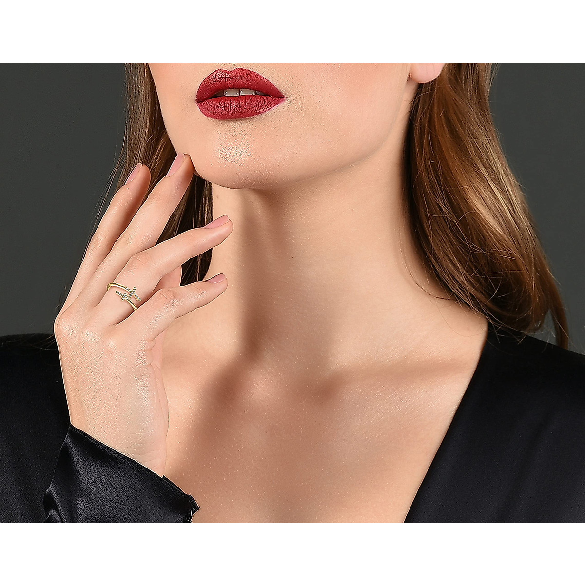 Savlano 18K Yellow Gold Plated Round Cut Cubic Zirconia Double Sideways Cross Band Ring Women Religious Ring (9)