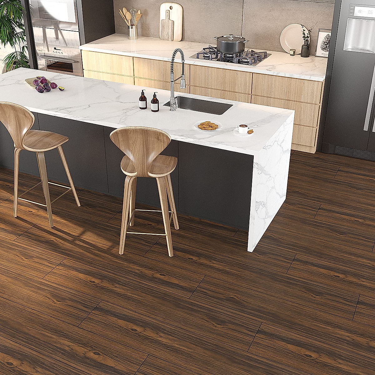 VEELIKE 6''x36'' Dark Brown Wood Vinyl Flooring Peel and Stick Floor Tile Bathroom Waterproof Wood Look Vinyl Plank Flooring Self Adhesive Laminate Flooring for Bedroom Kitchen RV (4-Tiles, 6 Sq. Ft.)