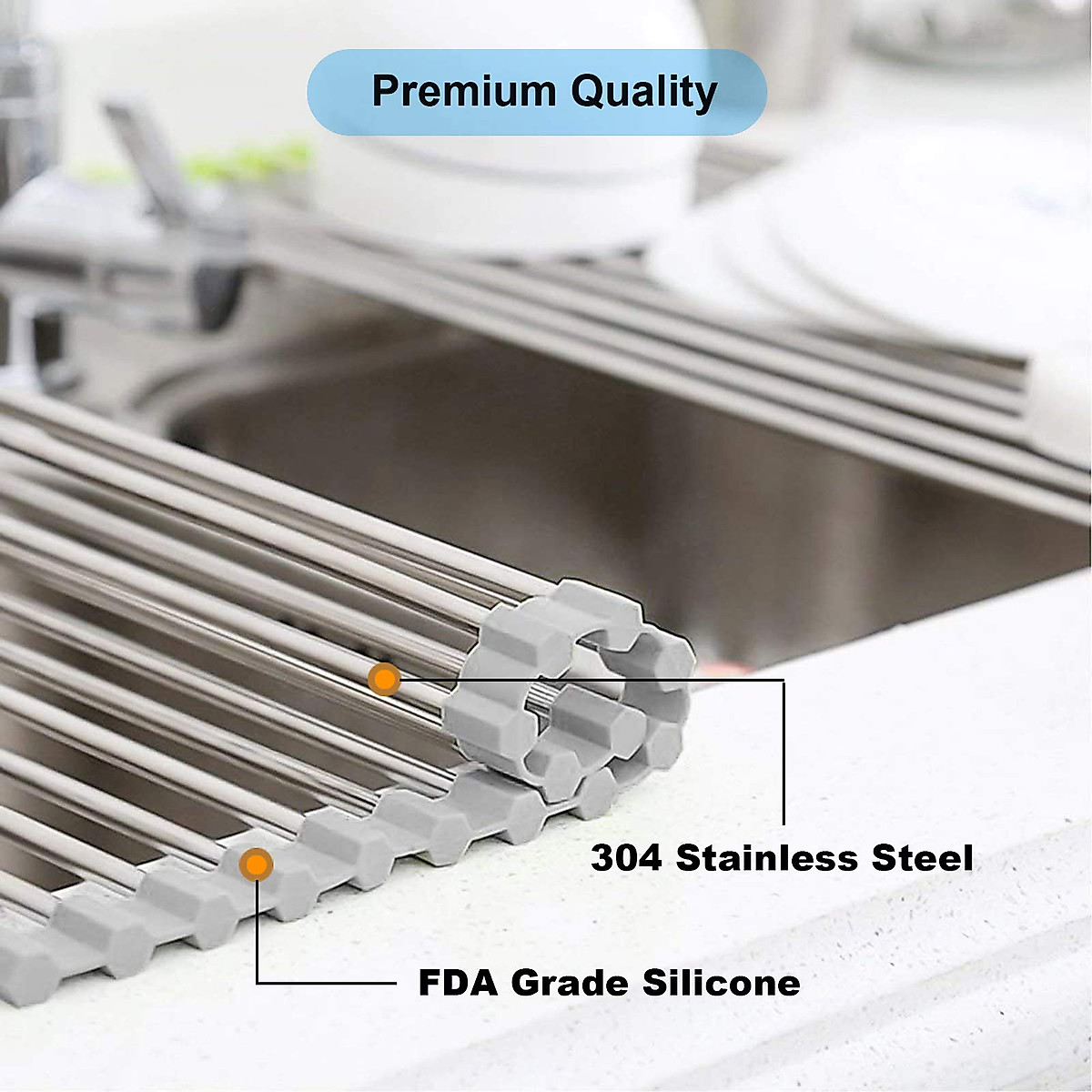 Searik Extra Large 20.5"x19.7" Dish Drying Rack Roll Up Sink Drying Rack, Over The Sink Dish Rack Multi-Use Stainless Steel Dish Drainers Heat Resistant Mat for Drying Draining Trivet