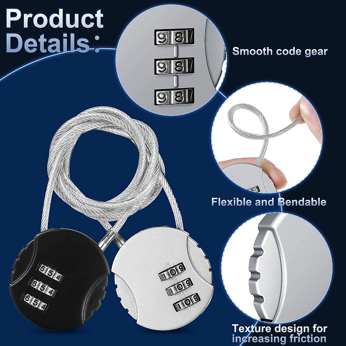 4 Pieces 3 Digit Combination Lock Wire Stroller Waterproof Padlock Cable Locks Lightweight Locker Lock Flexible Gate Lock for School Luggage Helmet Gym Fence Door Sports Bike (Black, Silver)