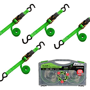 SMARTSTRAPS - 101W QuadWinder 14’ Padded Ratchet Tie Down, Green (4pk) - Patented Self-Loading Storage Case - 1,500lb Break Strength, 500lb Safe Work Load – Haul Lighter Loads Like ATV’s, Mowers and More