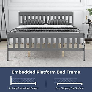 IULULU Queen Bed Frame, Solid Wood Platform Bed Frame with Headboard & Footboard, Queen Size Mattress Foundation with Wooden Slats Support, Easy Assembly, No Box Spring Needed, Light Grey