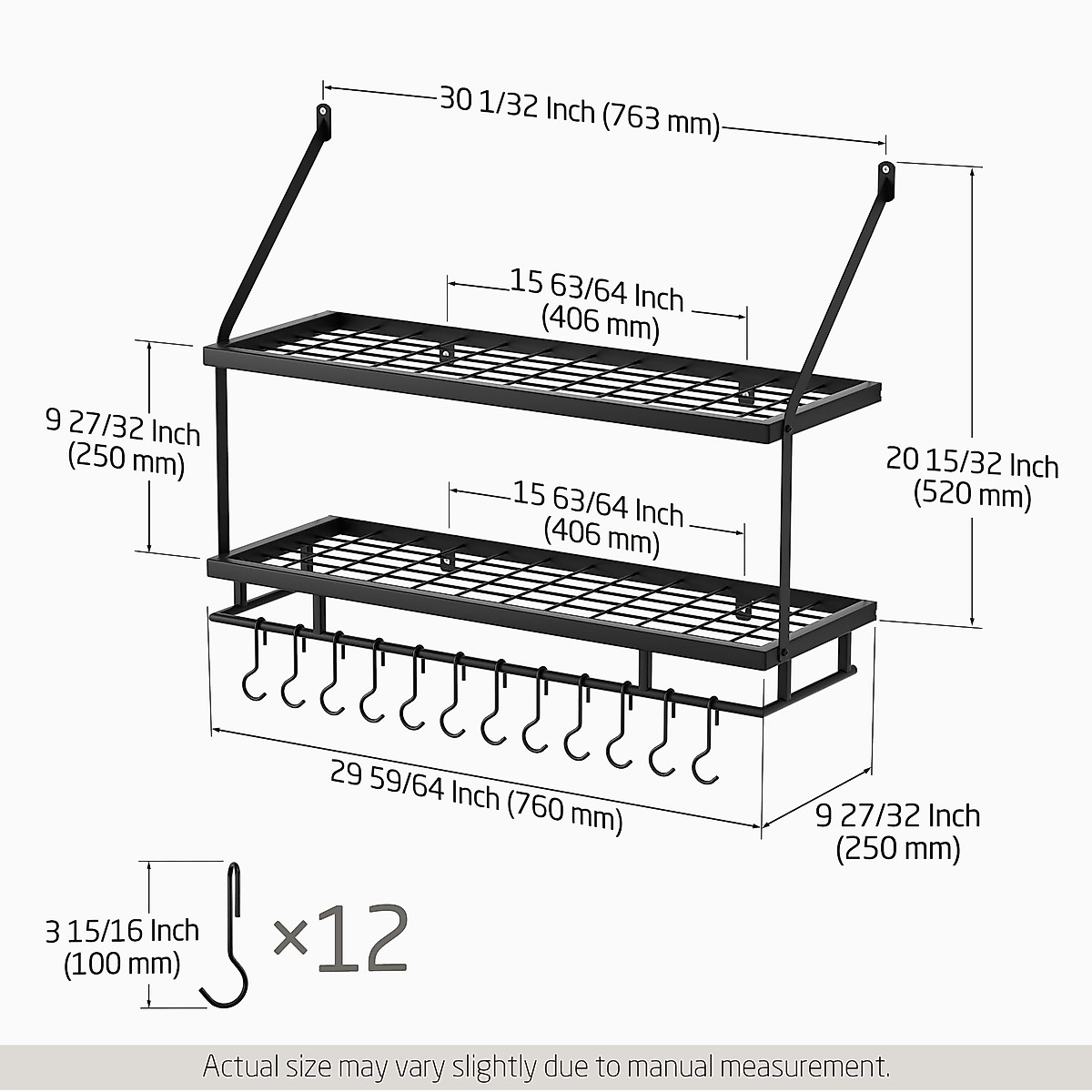 KES 30-Inch Kitchen Pot Rack - Mounted Hanging Rack for Kitchen Storage and Organization- Matte Black 2-Tier Wall Shelf for Pots and Pans with 12 Hooks - KUR215S75B-BK