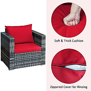 SAWQF 3 PC Patio Rattan Furniture Bistro Set Cushioned Sofa Chair Table Red