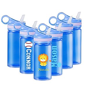 6 Pack Kids Water Bottle with Straw & Hanging Clip, 16 oz Square Personalized Plastic Water Bottle Bulk, Dishwasher Safe & Lightweight for Boys Girls to School Sports Travel Camping, DIY Gift, Blue