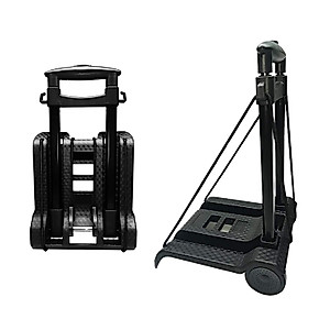 Folding Hand Truck Trolley 80Kg/176Lbs Heavy Duty Luggage Utility Cart with Rotate 4 Wheels Warning Sign Telescoping Handle Portable Fold Up Dolly Bungee Cord for Moving Shopping Travel(Black Pro)