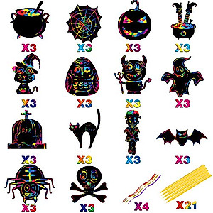 Halloween Scratch Paper Art,Funnlot 42PCS Halloween Scratch Paper Halloween Games for Kids Halloween Ornaments Scratch Magic Scratch Off Cards Paper Birthday Education Game Halloween Craft with Tool