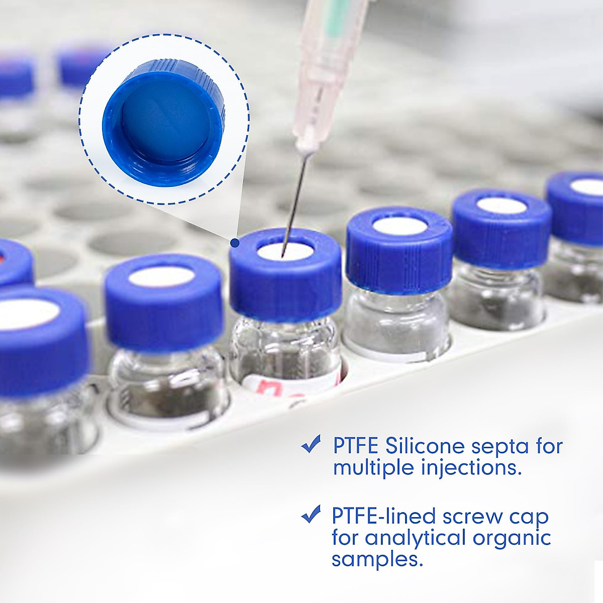ALWSCI HPLC Pre-Slit 9-425 Screw Thread Vial Blue Caps, 9 mm, Blue PTFE/White Silicone Septa, 100 pcs/pk