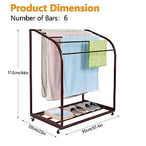 Flarhetoric Pool Towel Rack, Outdoor PVC Trapedozal Pool Storage Rack with 5 Towel Bars, Pool Float Storage with Wheels, Pool Towel Holder, Stores Floats and Paddles, Swimming Rings, Brown