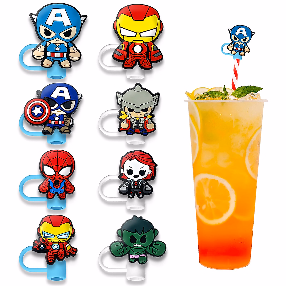 8Pcs Straw Covers Cap for Tumblers, Cute Cartoon Straw Topper, Silicone Straw Tip Covers for Drinking Straws (8Pcs Hero 8mm 7L)