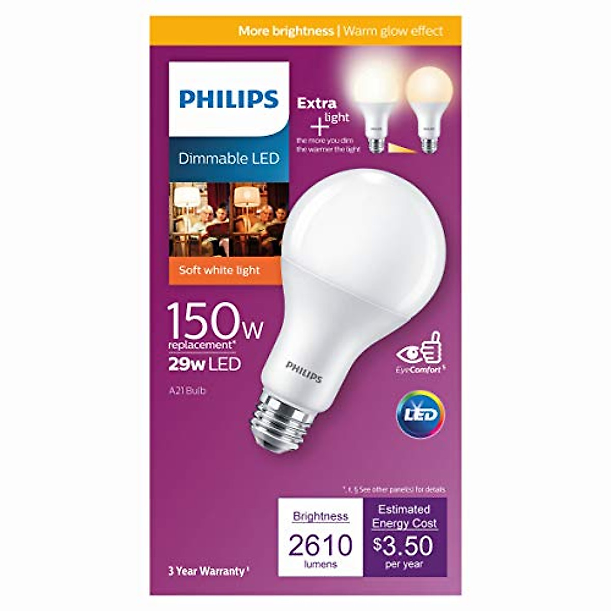 Philips LED Frosted Flicker-Free A21 Light Bulb, Dimmable Warm Glow Effect, EyeComfort Technology, 2610 Lumen, 2700-2200K, 29W=150W, E26 Base, Pack of 4
