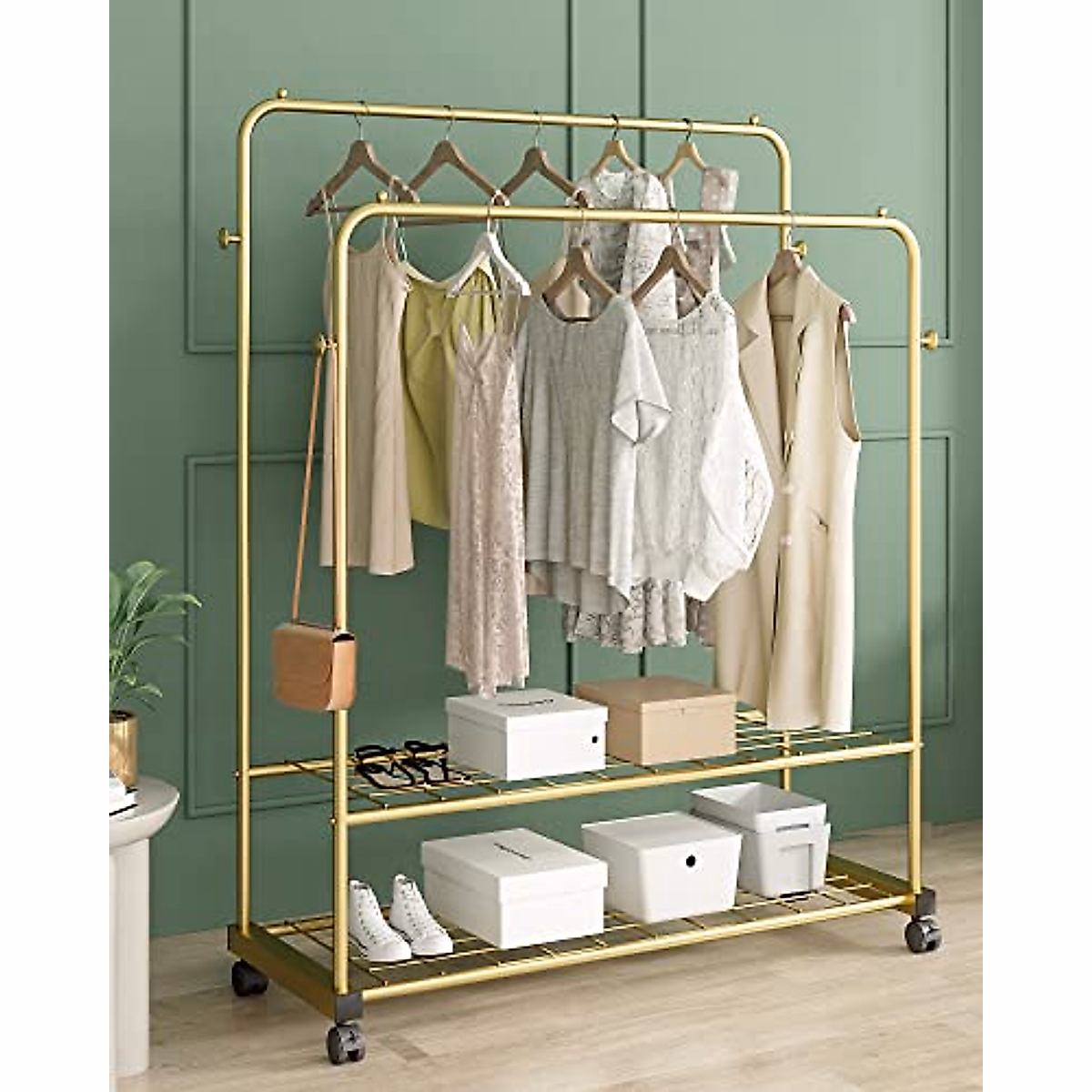 GAMNOF Rolling Metal Clothes Rack Two Shelves Clothing Rack Two Rod Garment Rack for Hanging Clothes with Caster Wheels for Clothes Hats Bags and etc Storage and Organizer
